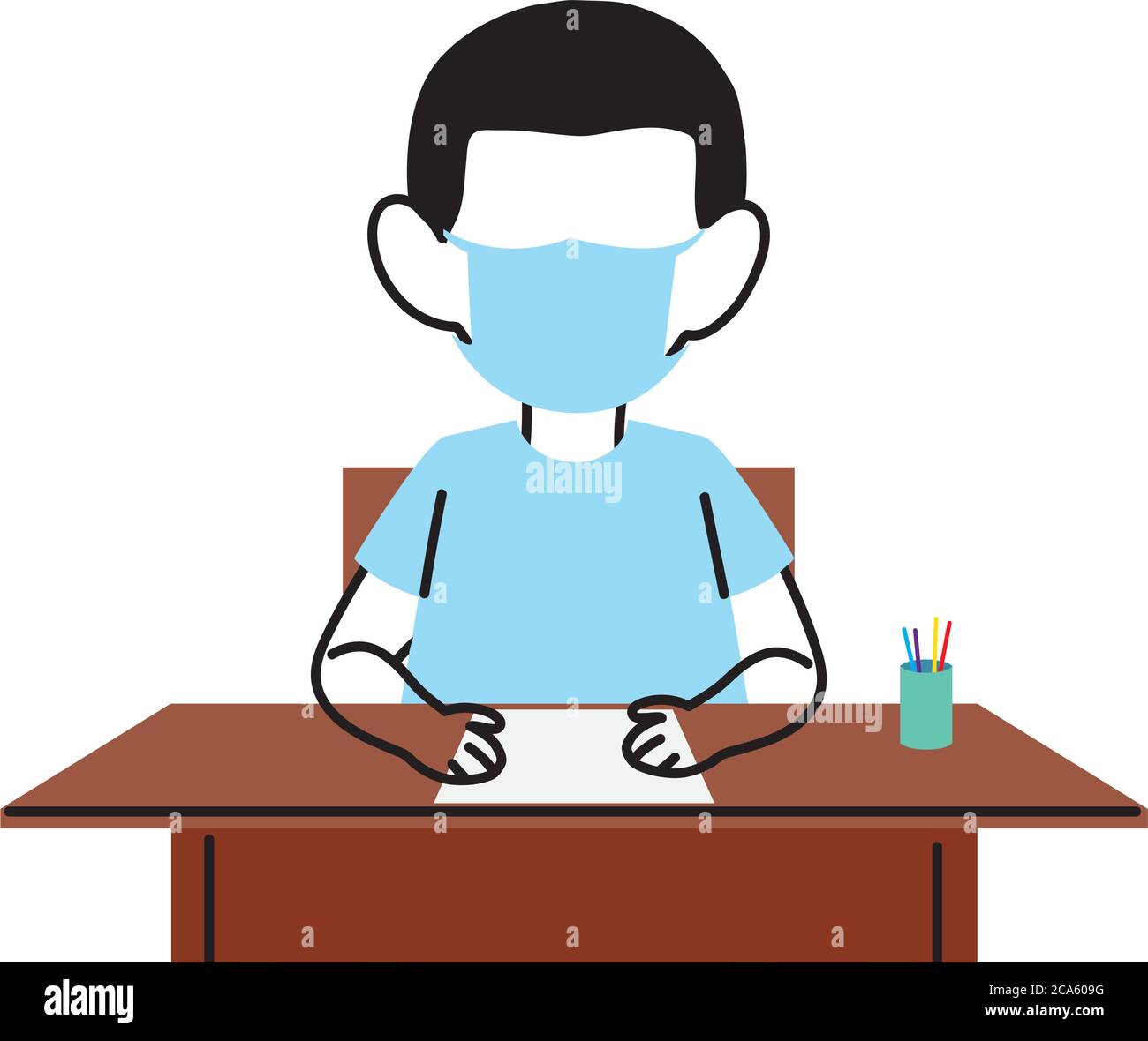 boy with face mask at school desk vector illustrarion design Stock ...