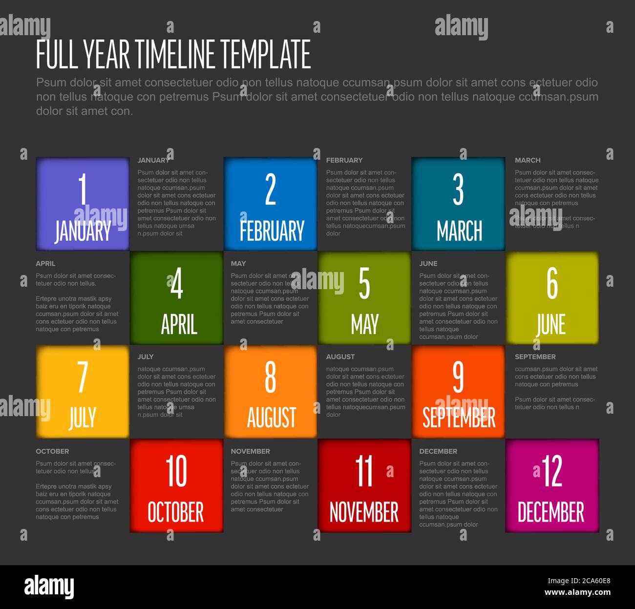 Full year timeline template with all months in square mosaic - dark ...