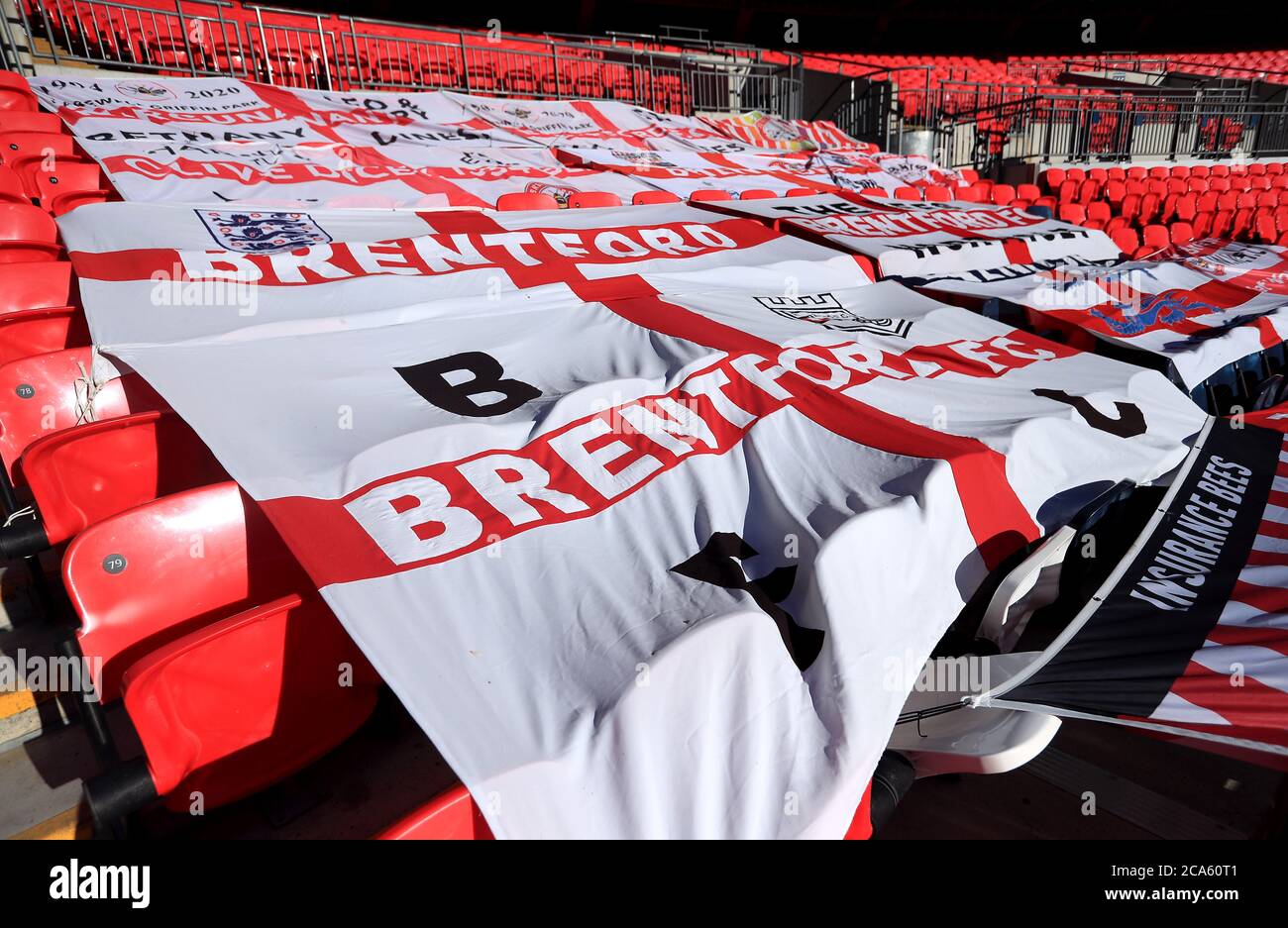 Brentford flags on the seats in the stands before the Sky Bet ...