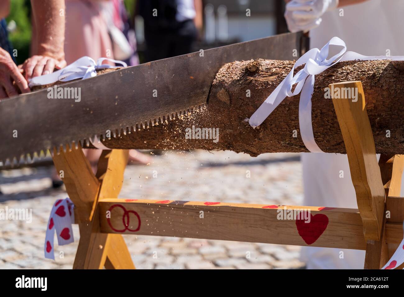 Bride and groom cutting wood log on sawhorse with copy space at wedding ...