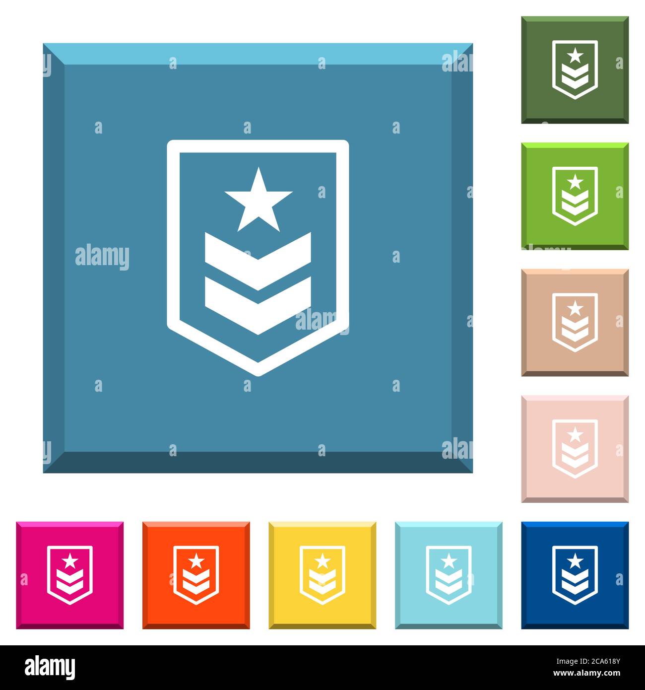 Military rank white icons on edged square buttons in various trendy ...