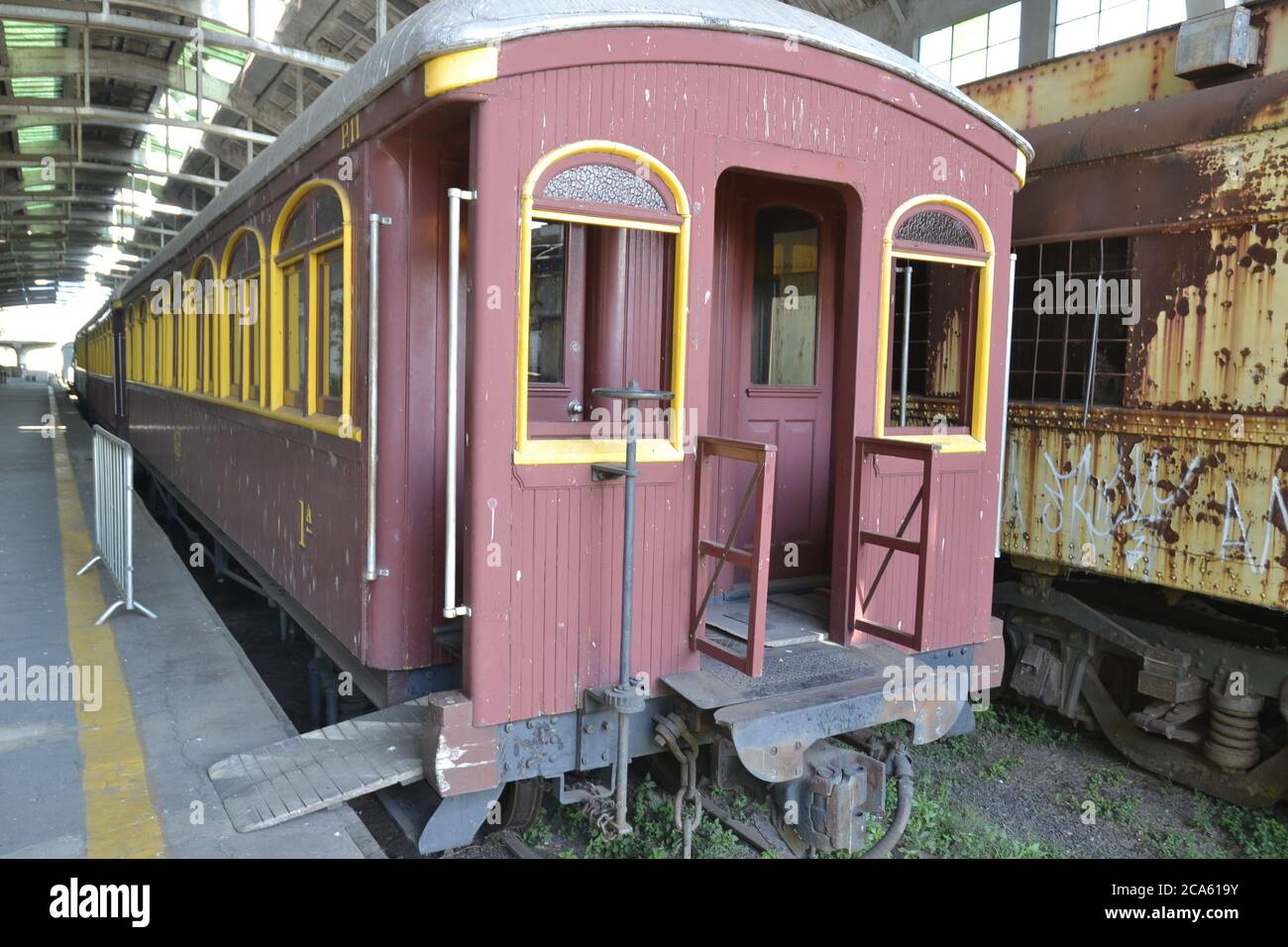 Wagon. Vintage restored antique carriage in a train station, with view ...