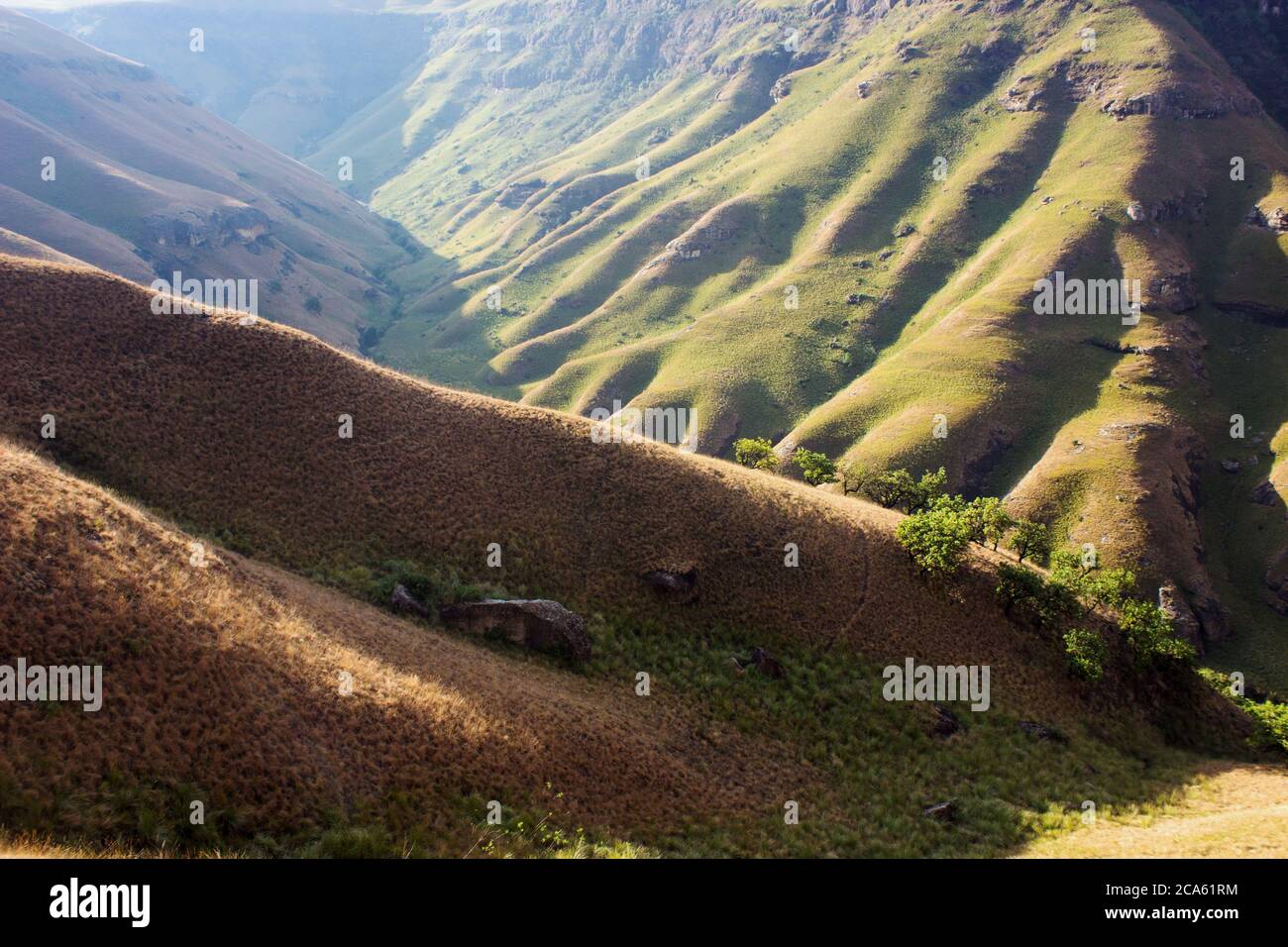 Grass covered slopes in a valley in the Central Drakensberg Mountains ...