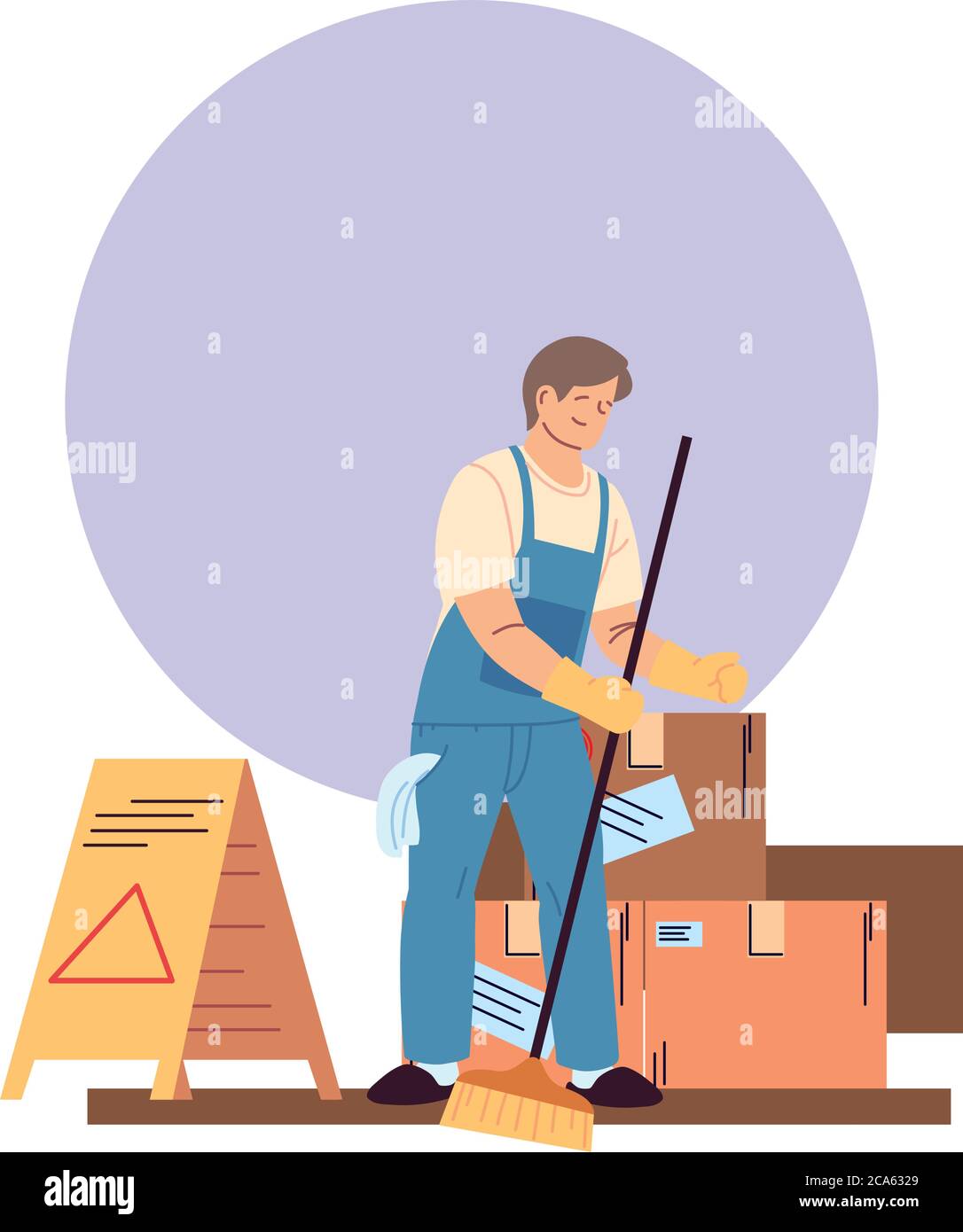 cleaning service man with gloves, cleaning utensils and boxes vector ...