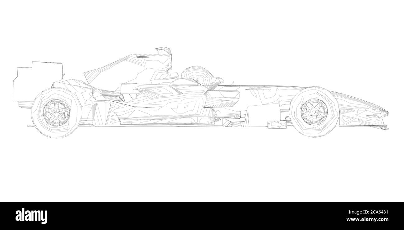 Wireframe racing car from black lines on a white background. Side view ...