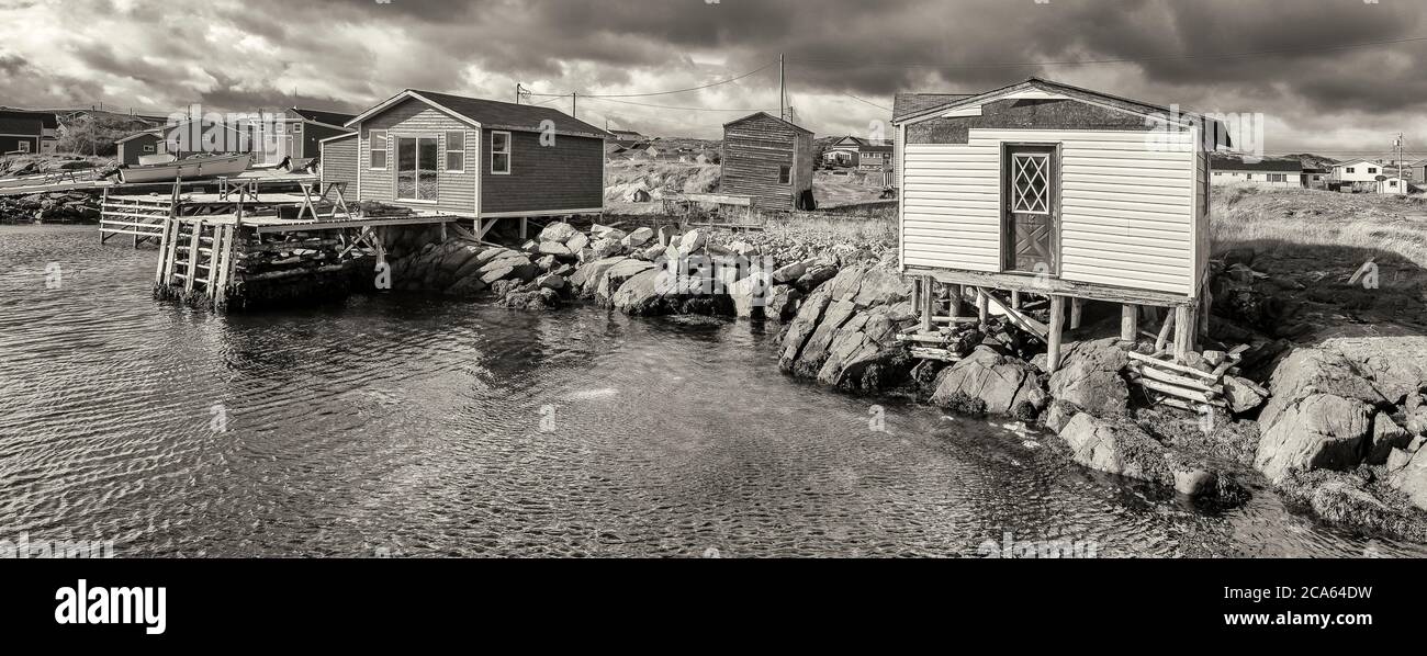 View of fishing stages, Tilting, Fogo Island, Newfoundland Stock Photo ...