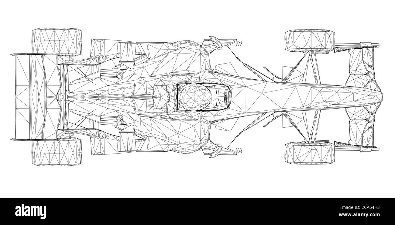 Wireframe racing car from black lines on a white background. View from ...
