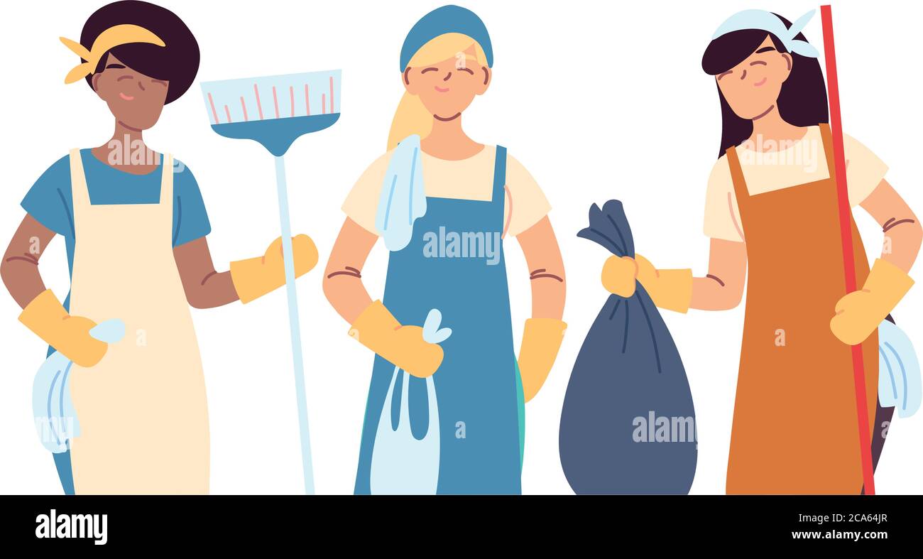 cleaning service team with gloves and cleaning utensils vector ...
