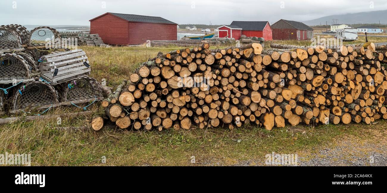 Stack of wood at fishing outpost, Western Newfoundland, Canada Stock ...