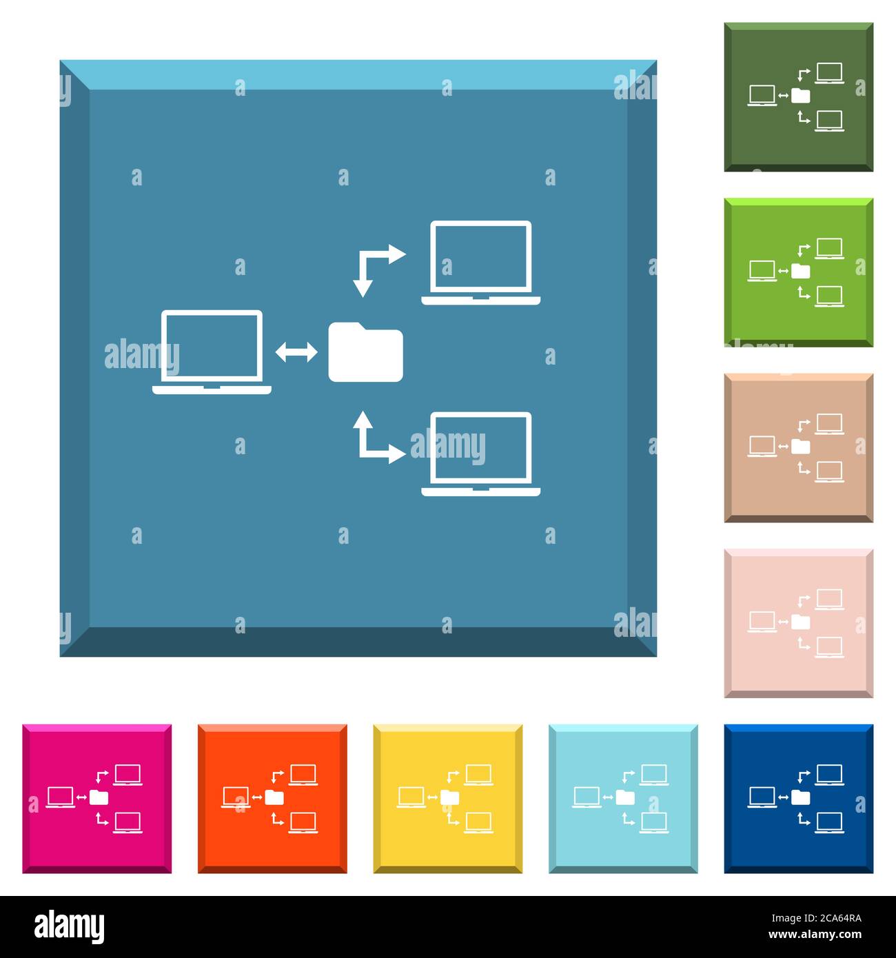 Network file system white icons on edged square buttons in various ...