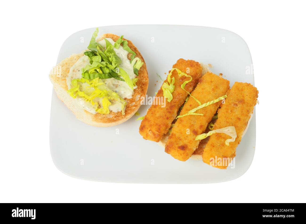 Open fish finger roll on a plate isolated against white, top view Stock ...