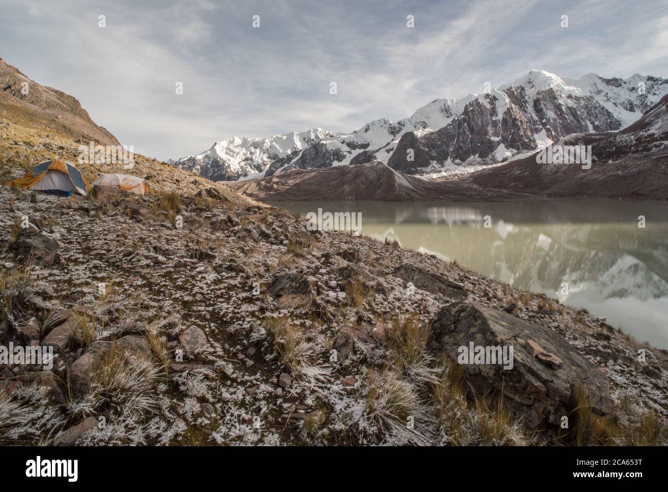 An andean lake with water from melting glaciers at over 5000 meters ...