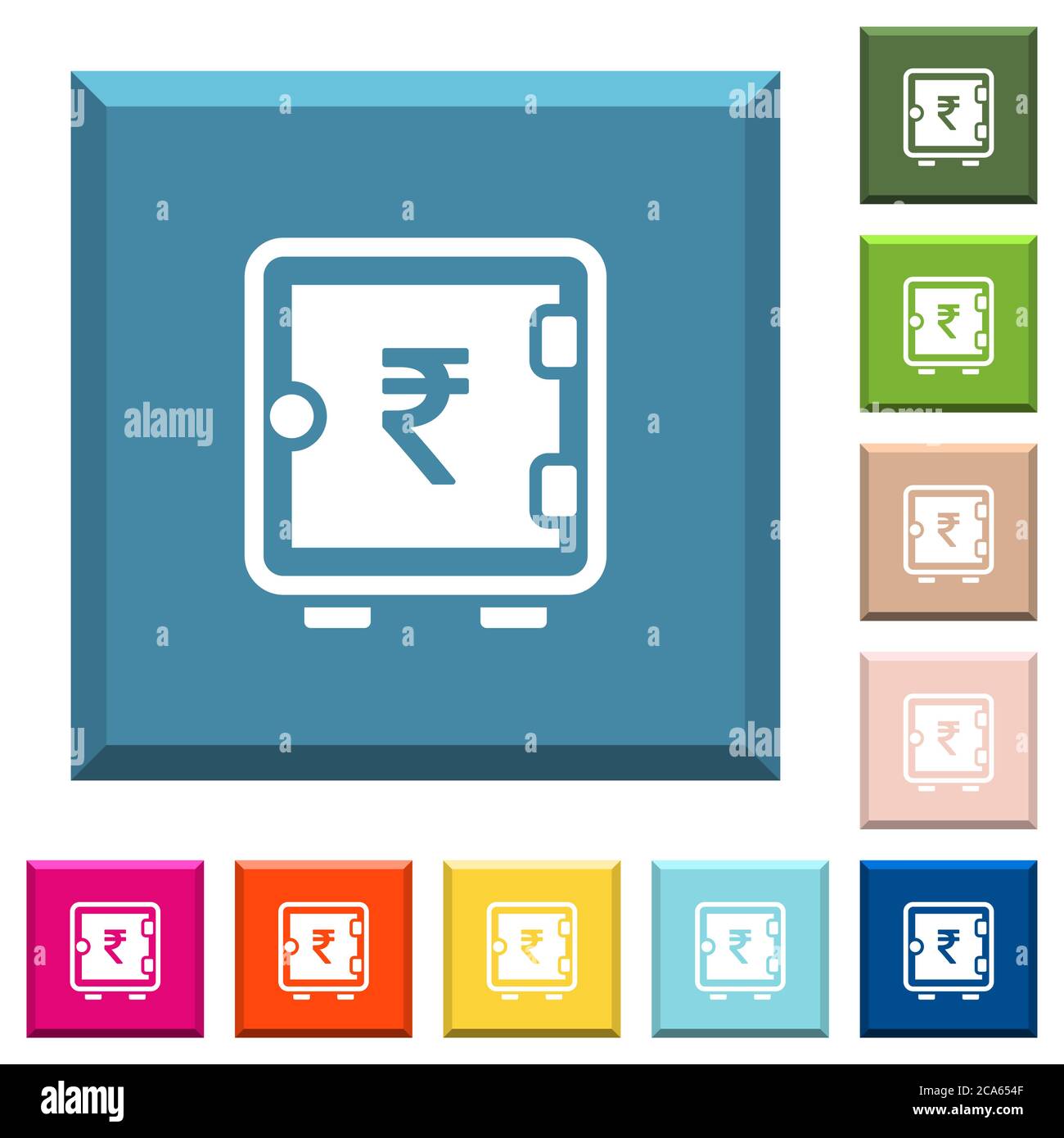 Indian Rupee strong box white icons on edged square buttons in various ...