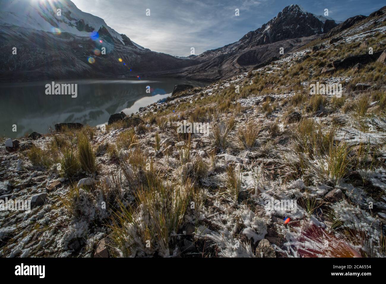 An andean lake with water from melting glaciers at over 5000 meters ...