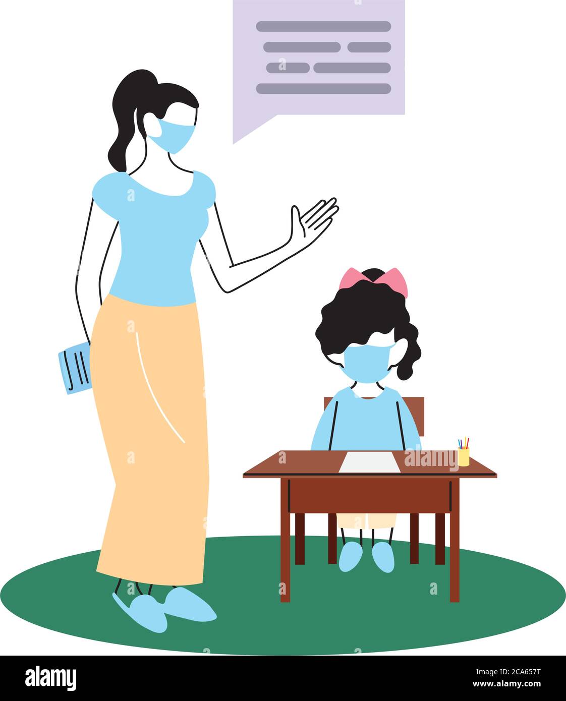 teacher and student in classroom wearing face mask vector illsutration ...