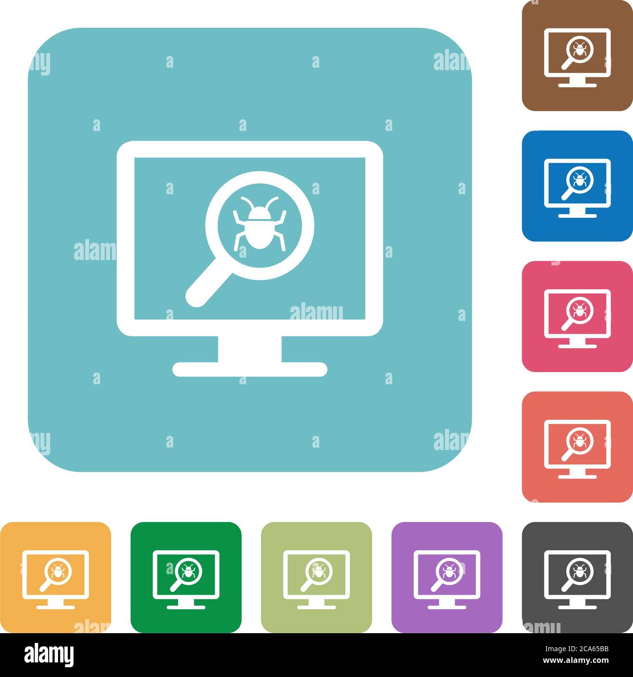 Spyware scanning white flat icons on color rounded square backgrounds ...