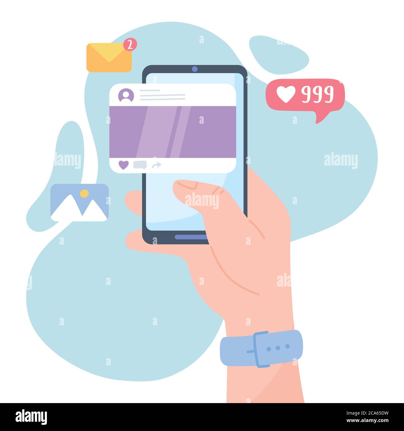 hand holds smartphone web social network communication system and ...