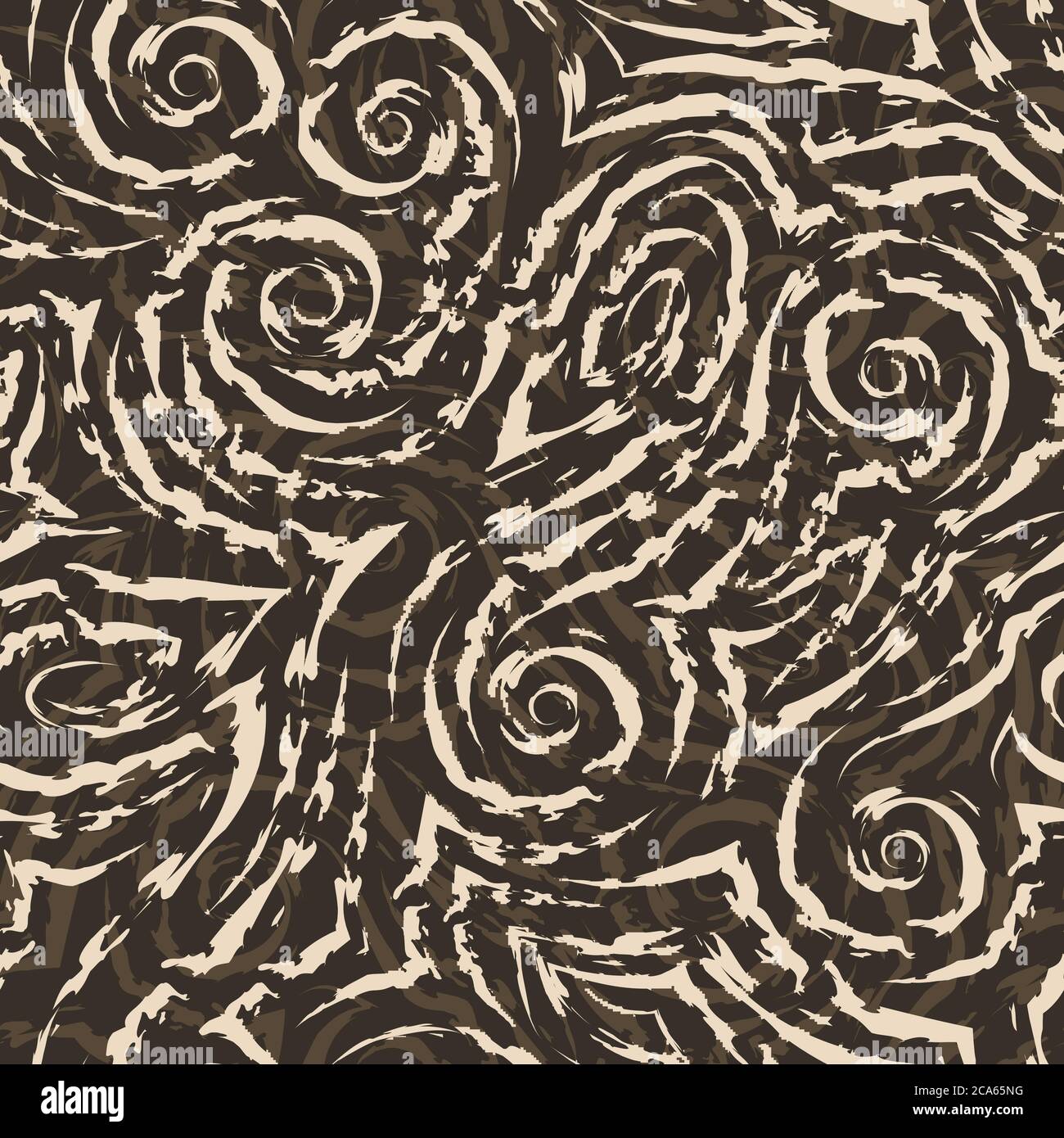 Vector beige seamless pattern drawn with a brush for decor on a brown background.Smooth lines ...