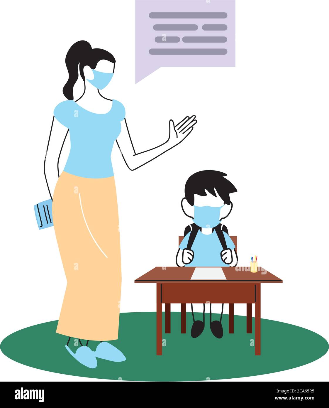 teacher and student in classroom wearing face mask vector illsutration ...