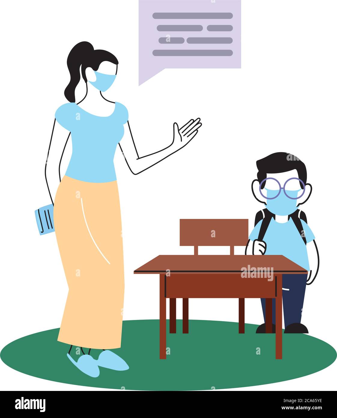 teacher and student in classroom wearing face mask vector illsutration ...