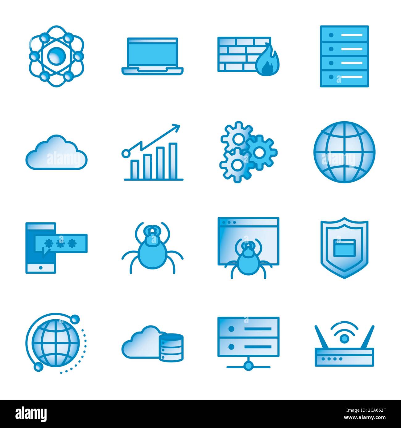 line and gradient style icon set design, Data center base security system hardware technology ...
