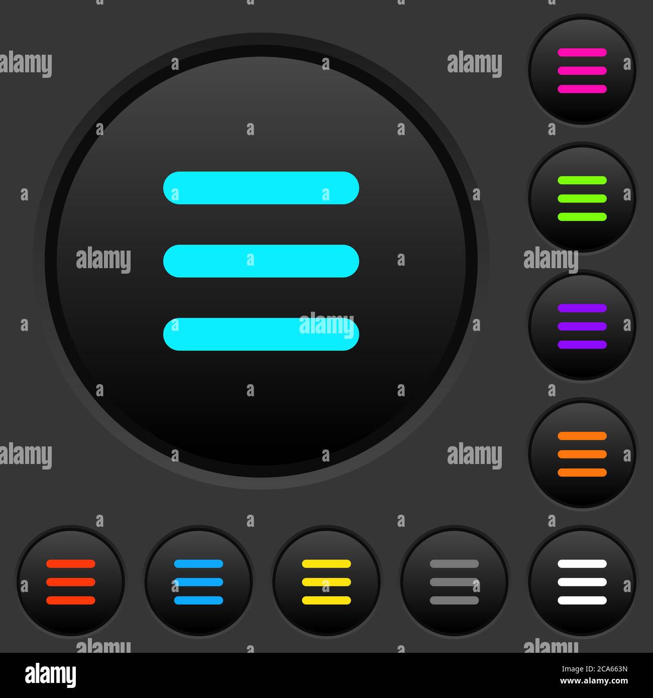 Menu dark push buttons with vivid color icons on dark grey background ...