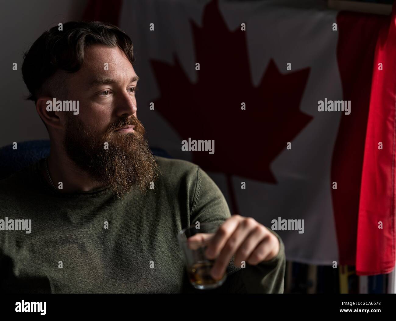 Dark tonal close up portrait of a young stylish handsome bearded ...