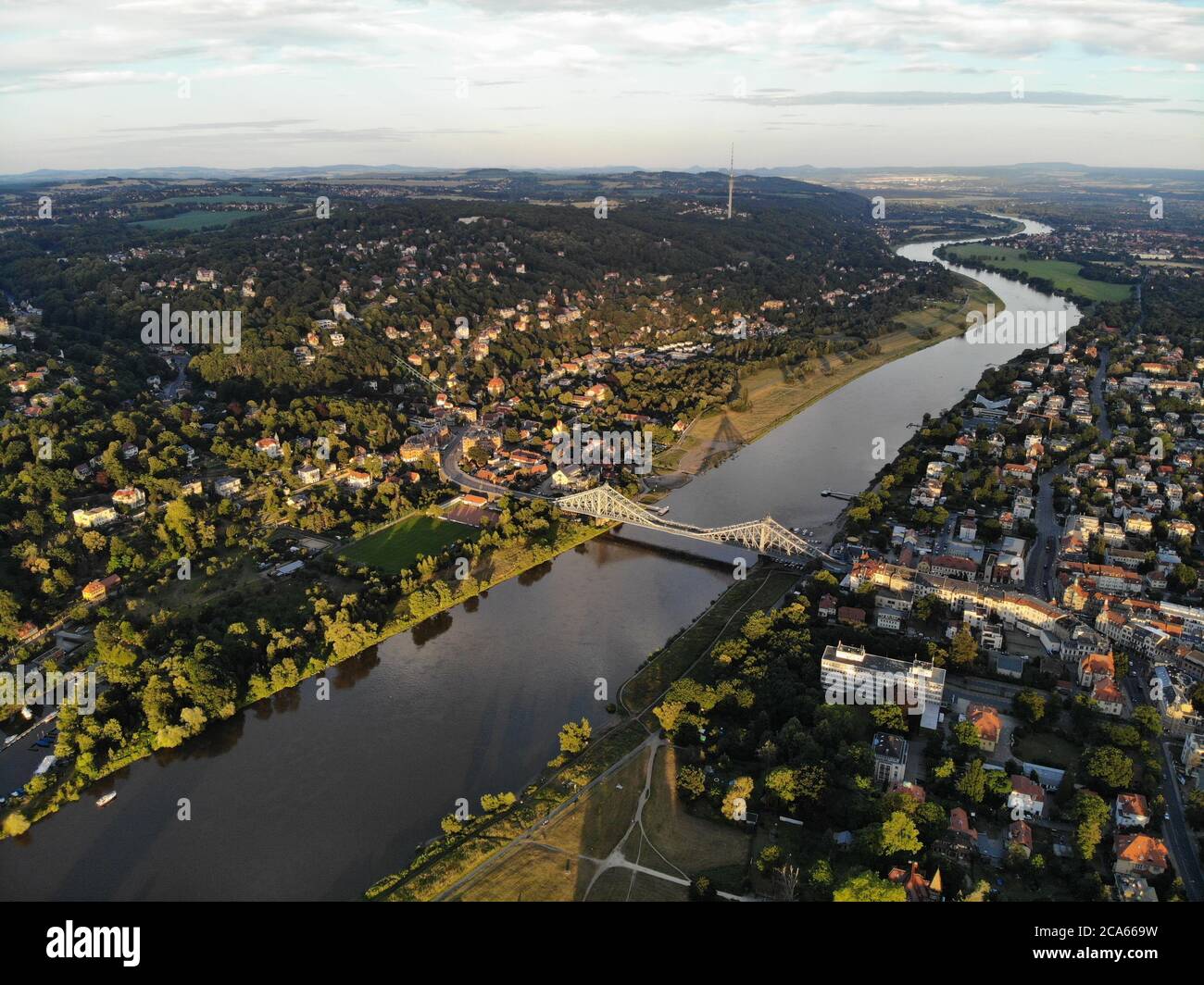 Aerial view of Loschwitz Bridge (blue wonder), a cantilever truss ...