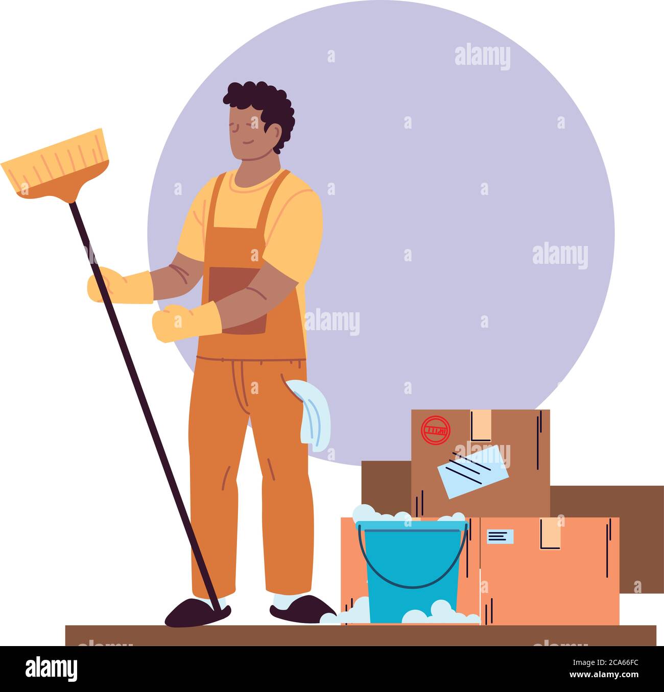 cleaning service man with gloves, cleaning utensils and boxes vector ...