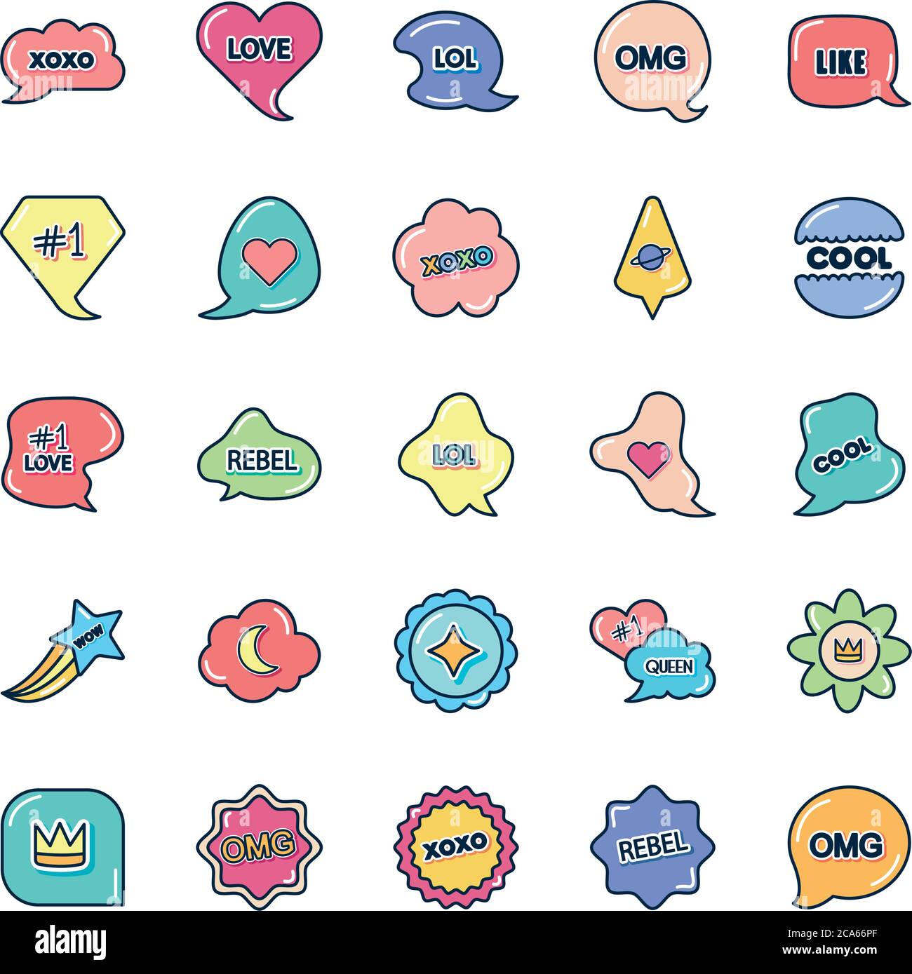 icon set of slang bubbles and clouds over white background, flat style ...