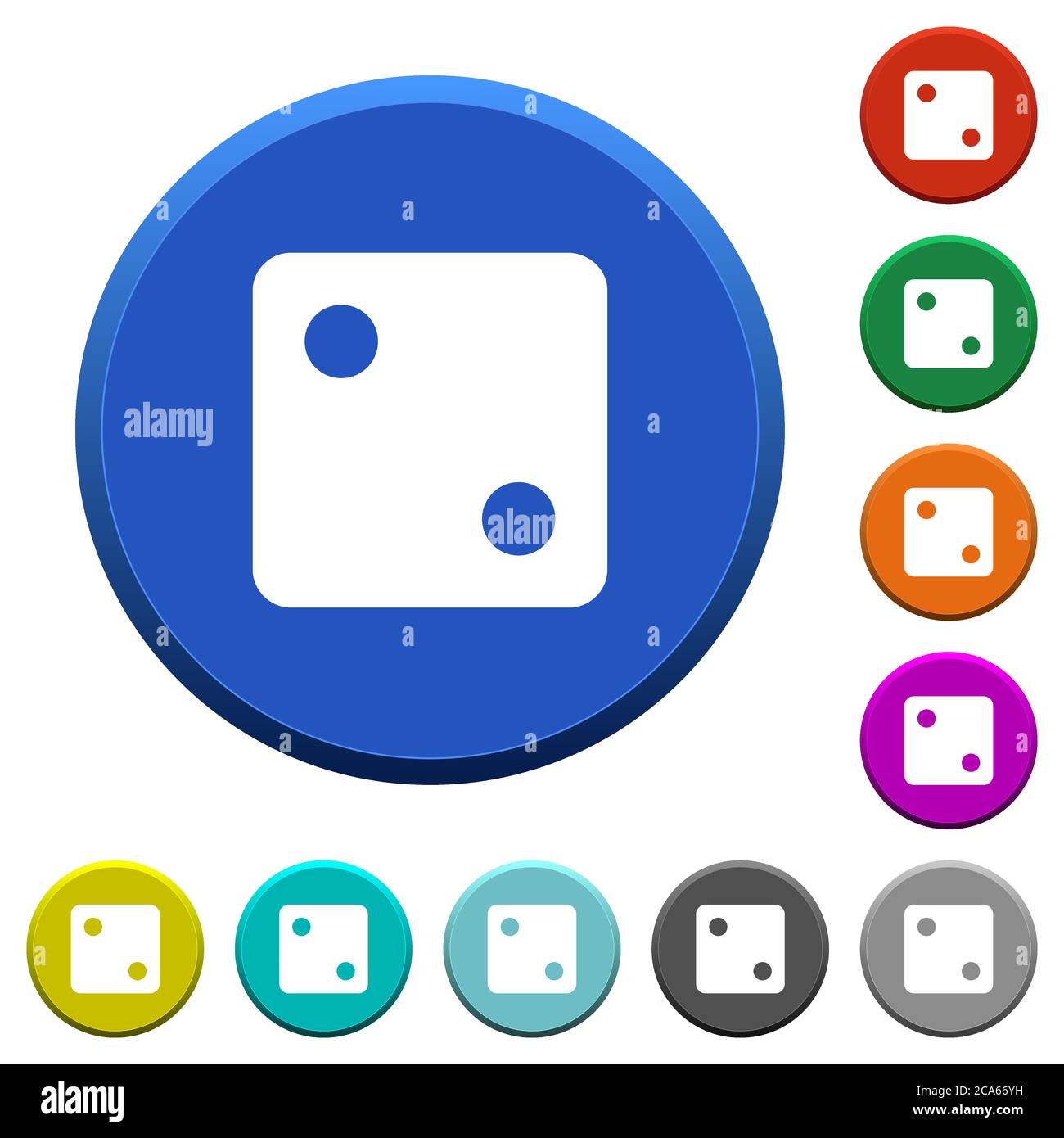 Dice two round color beveled buttons with smooth surfaces and flat ...