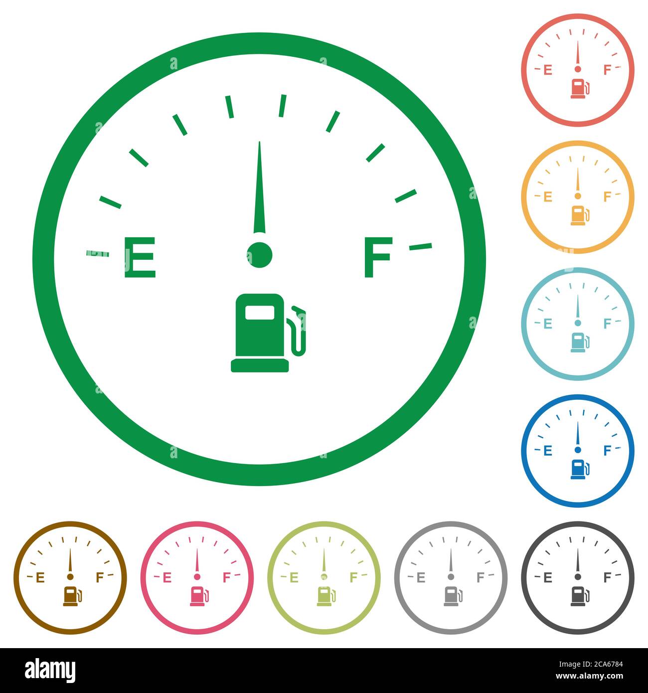 Fuel indicator flat color icons in round outlines on white background ...