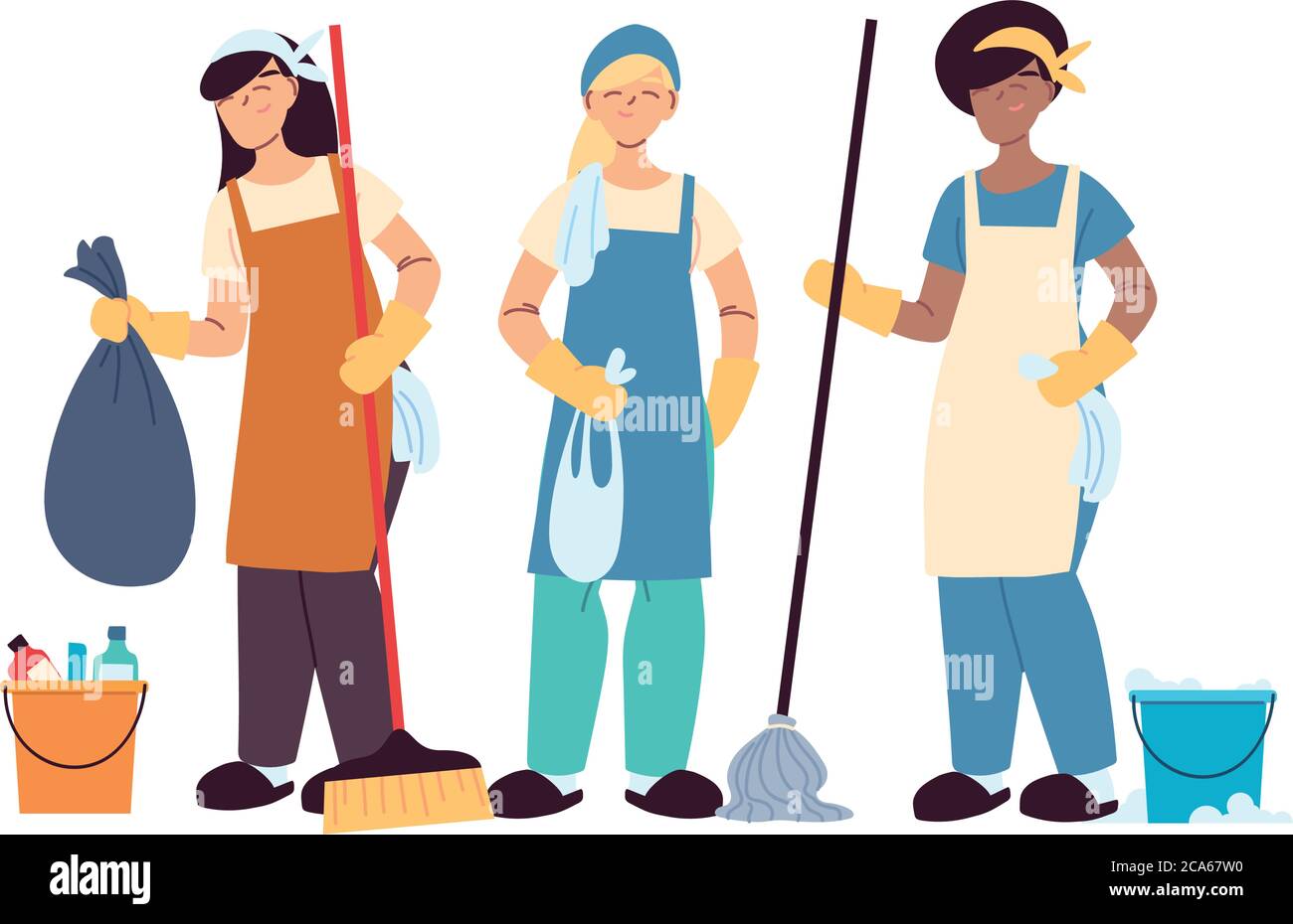 cleaning service team with gloves and cleaning utensils vector ...