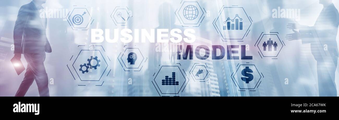 Business Model Concept. Abstract background with keywords and icons ...