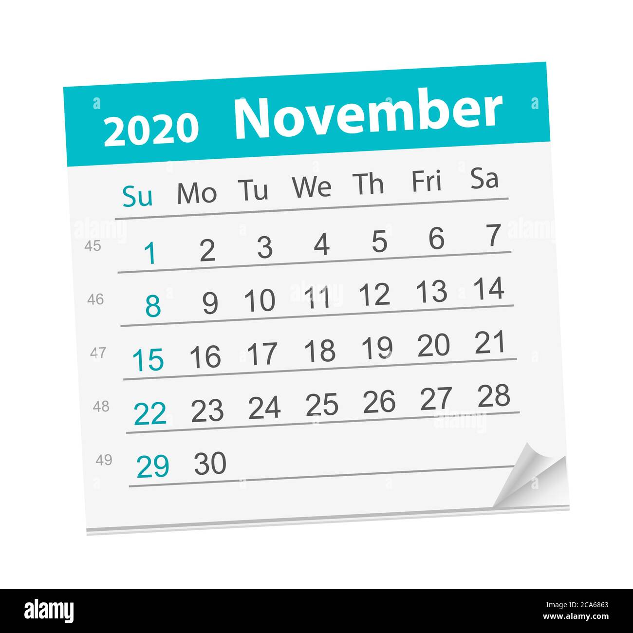 Calendar sheet for the month of November 2020. Vector Illustration. The ...