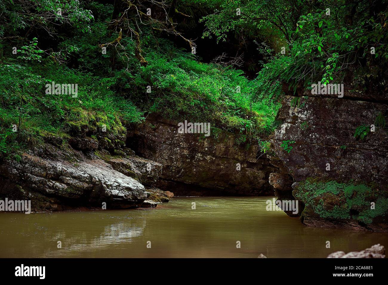 A waterfall with trees on the side of a river Stock Photo - Alamy