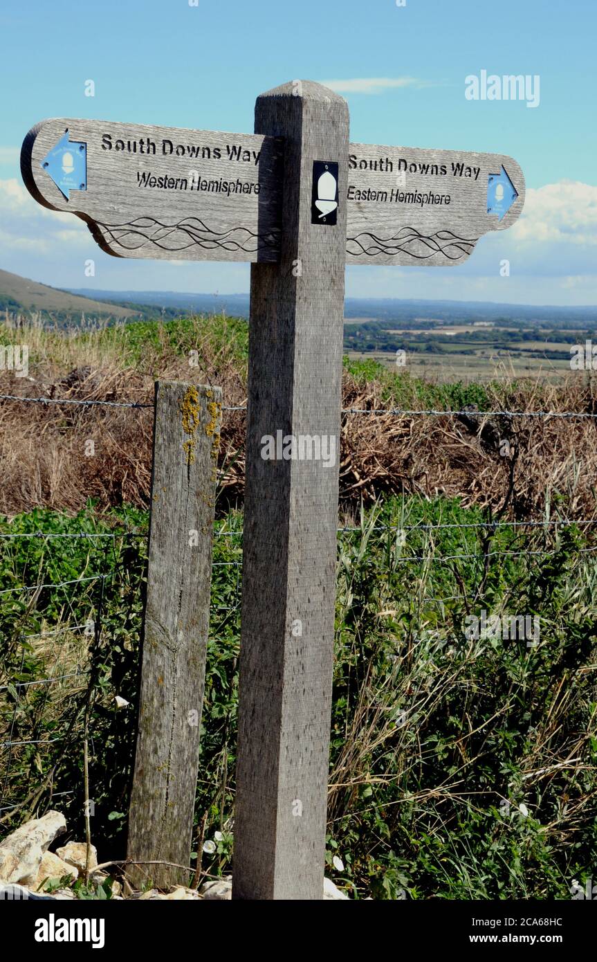 A fingerpost on the South Downs Way in East Sussex marking the ...