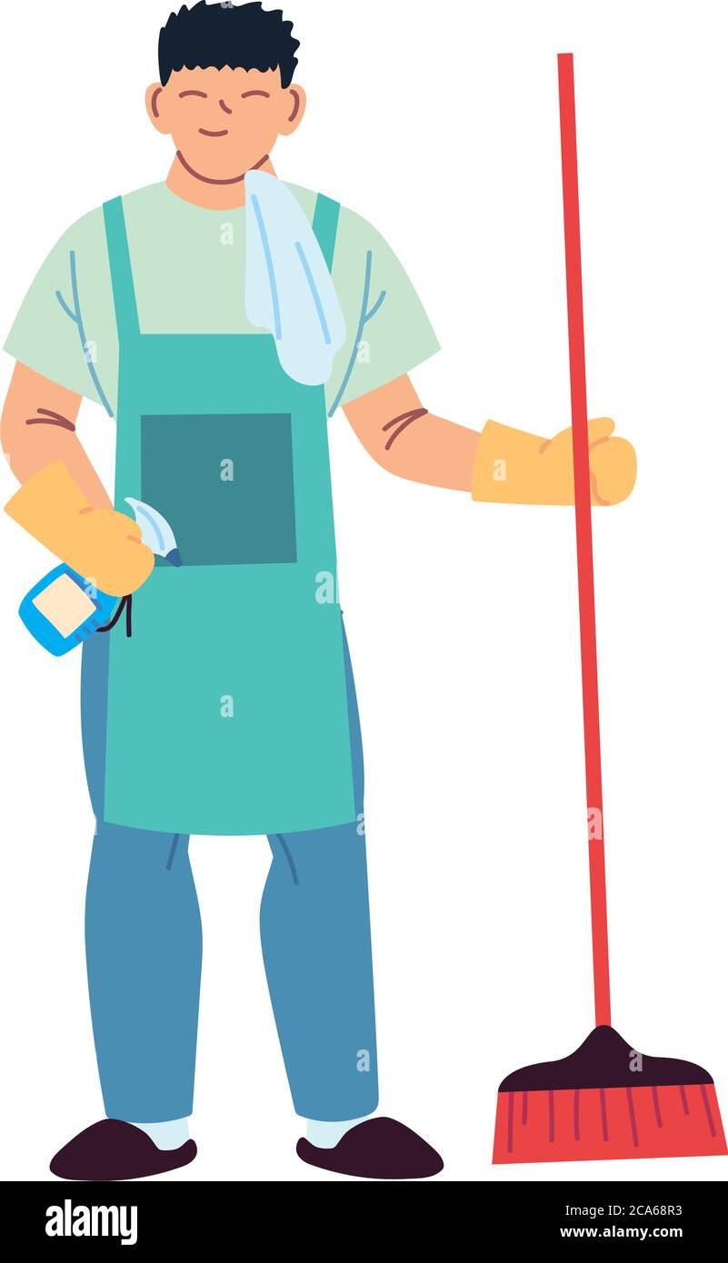 cleaning service man with gloves and cleaning utensils vector ...