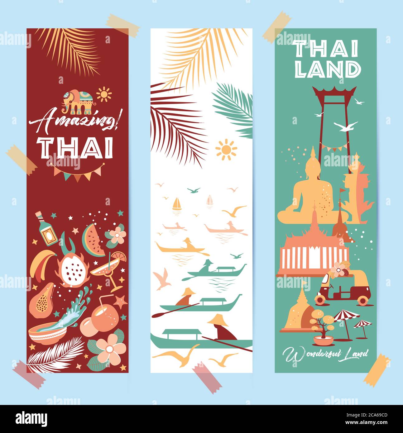 Collection of Thailand symbols in banners. Vector poster. Postcard in ...