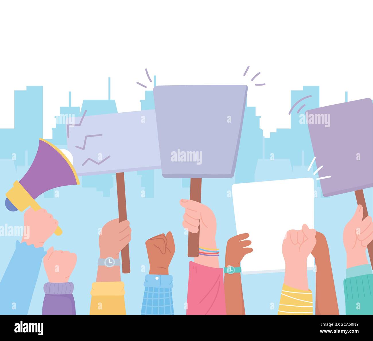 manifestation activists, hands raised in protest with speaker and ...