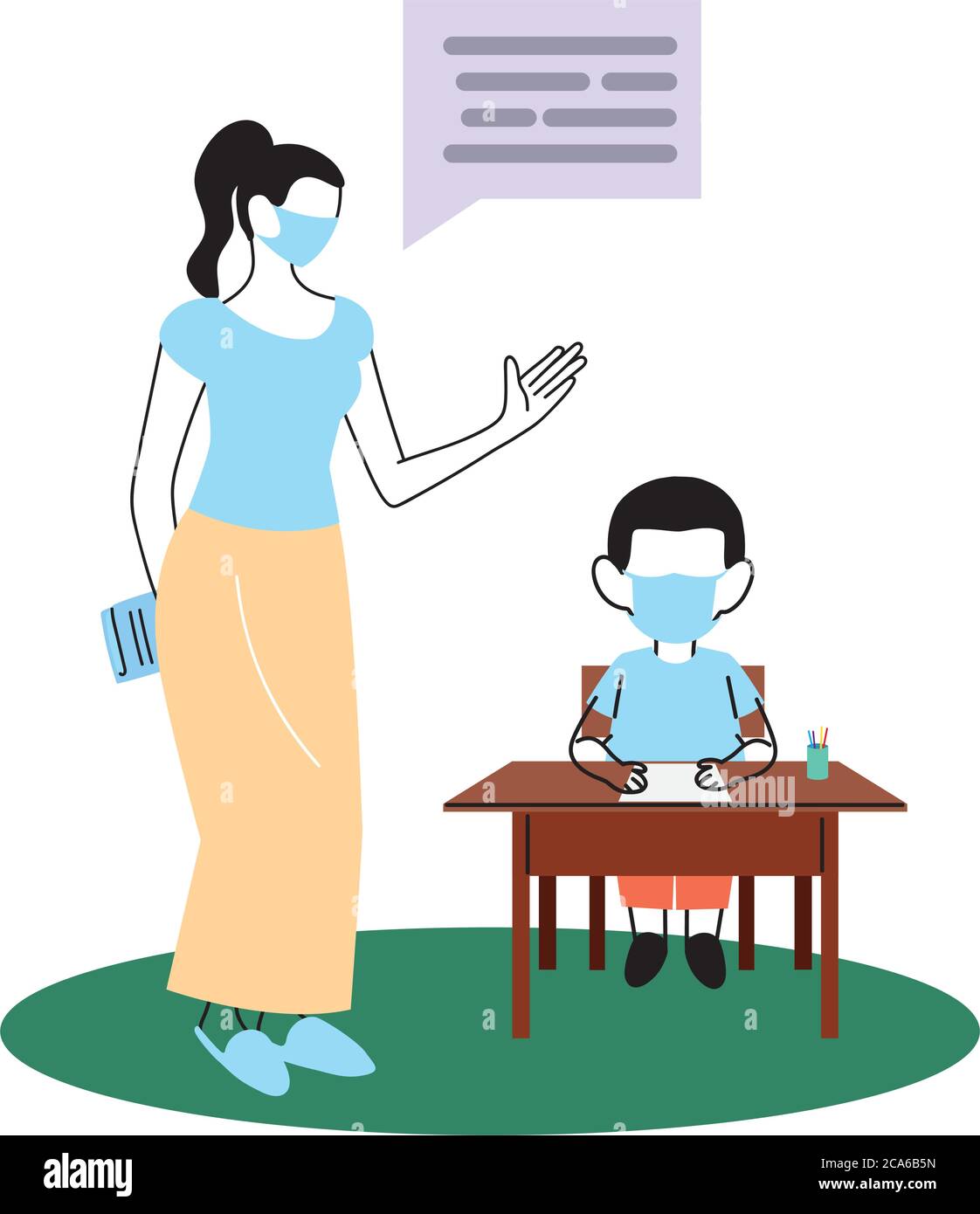teacher and student in classroom wearing face mask vector illsutration ...