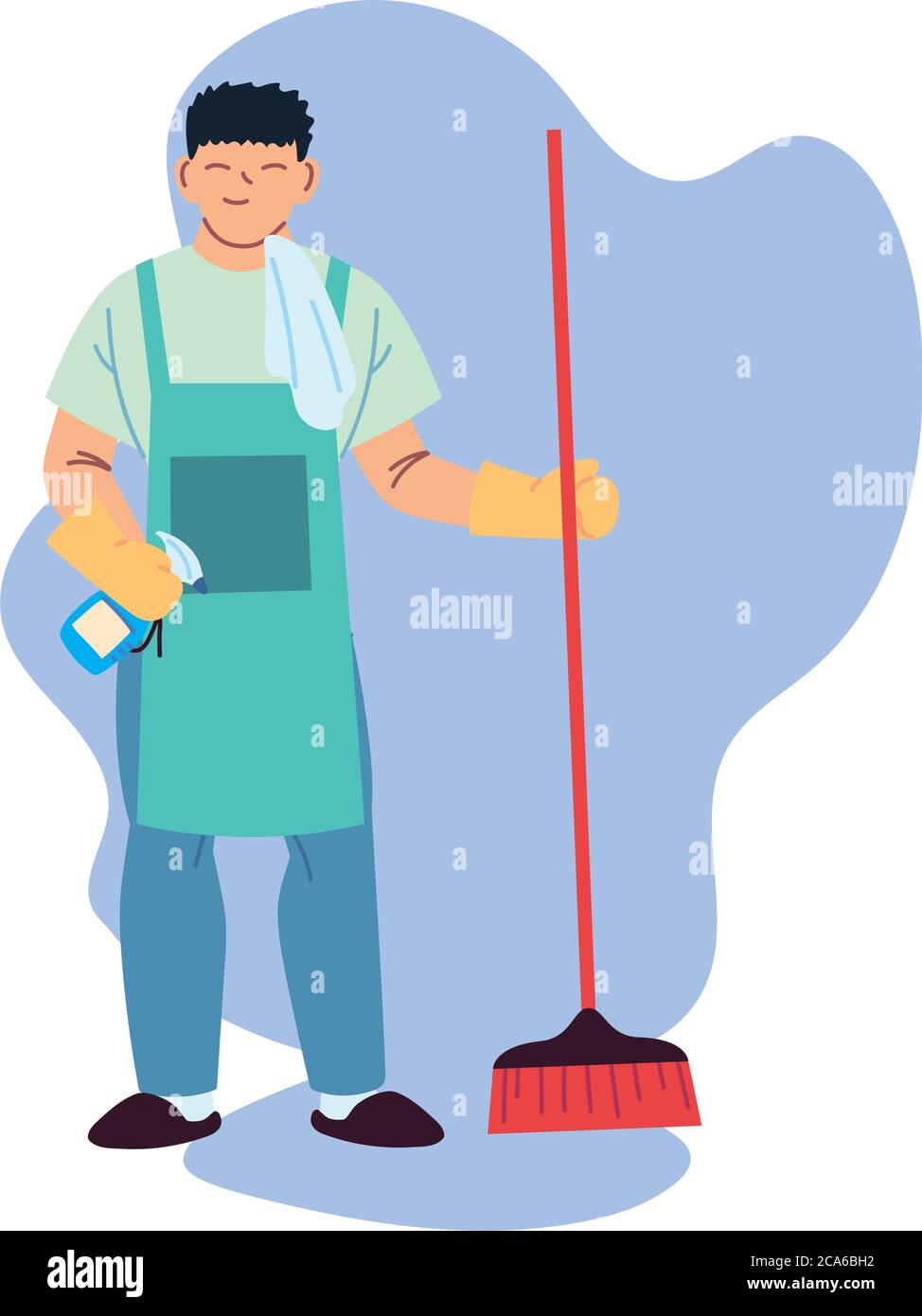 cleaning service man with gloves and cleaning utensils vector ...
