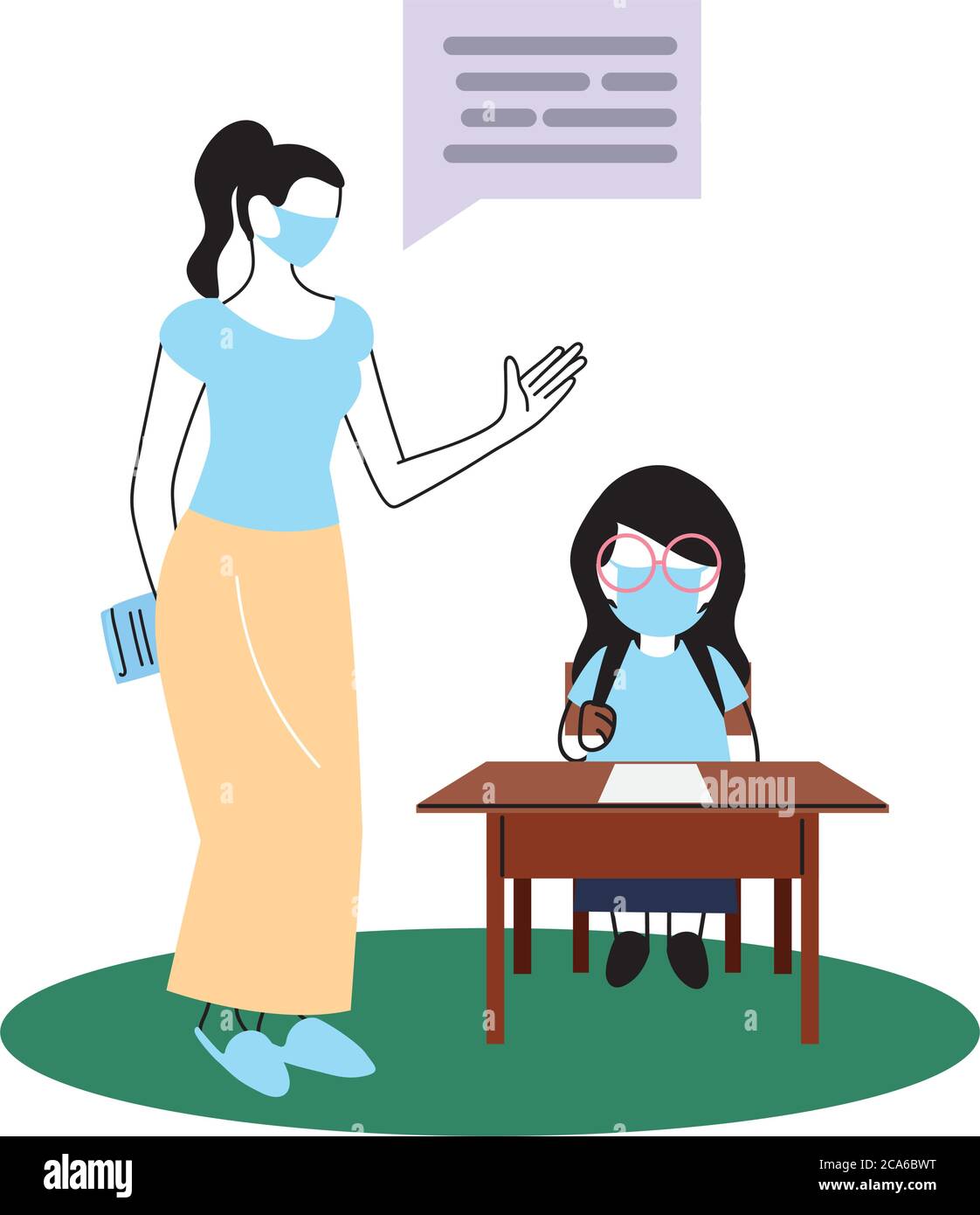 teacher and student in classroom wearing face mask vector illsutration ...