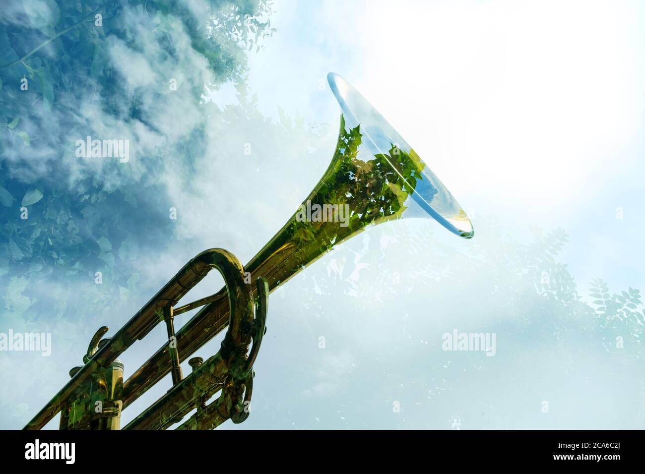 Abstract double exposure nature and old rusty musical instrument ...
