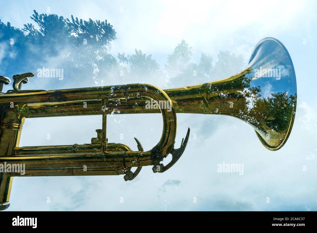 Abstract double exposure nature and old rusty musical instrument ...