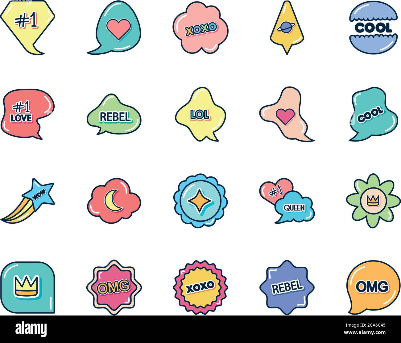 icon set of slang bubbles and stars over white background, flat style ...