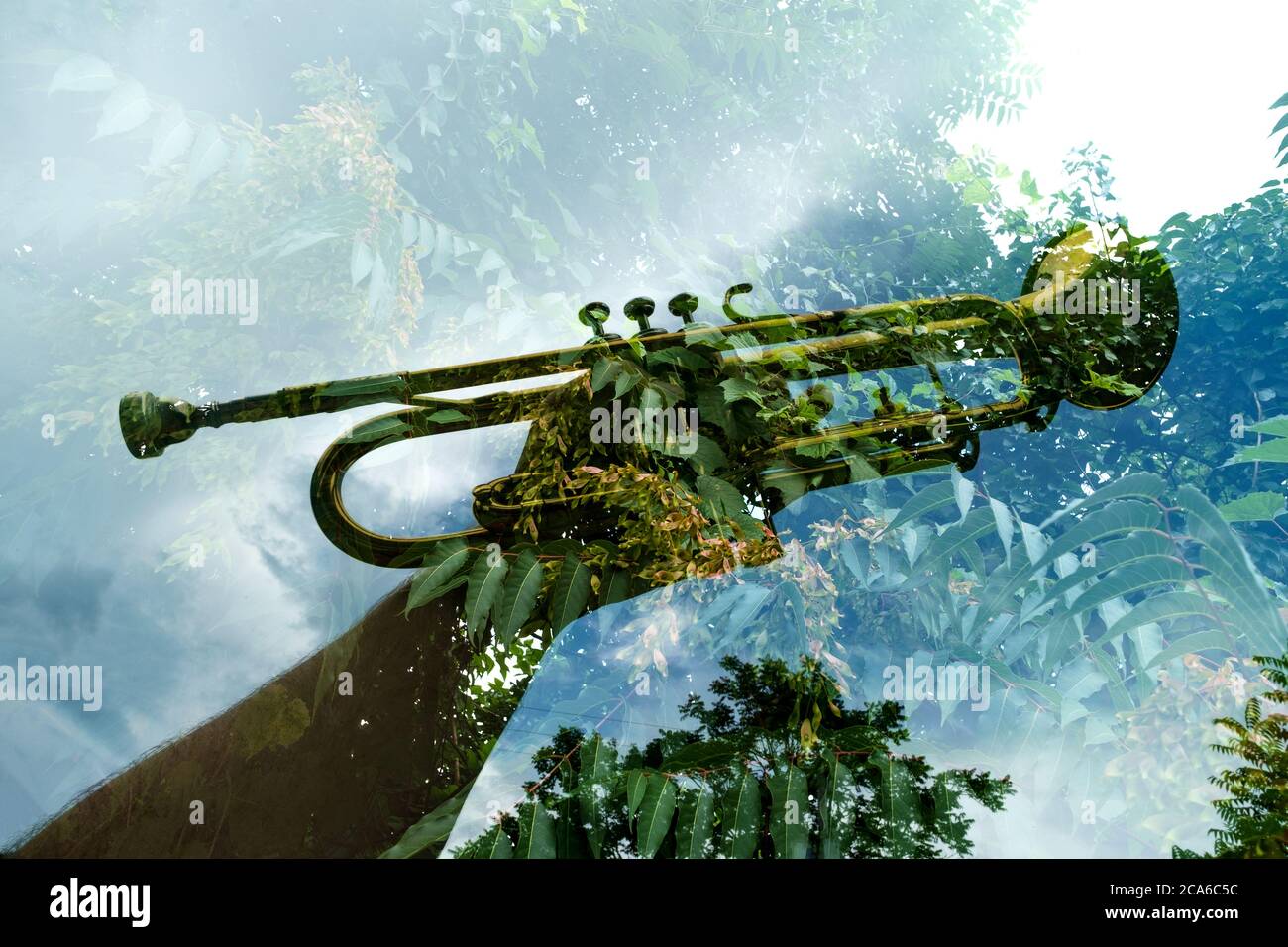 Abstract double exposure nature and old rusty musical instrument ...