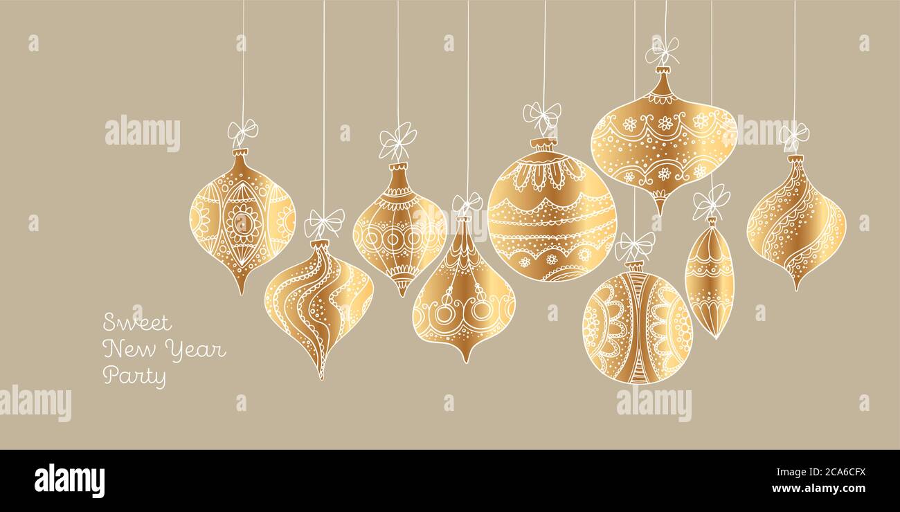 Golden luxury hand drawn xmas baubles for card, header, invitation ...