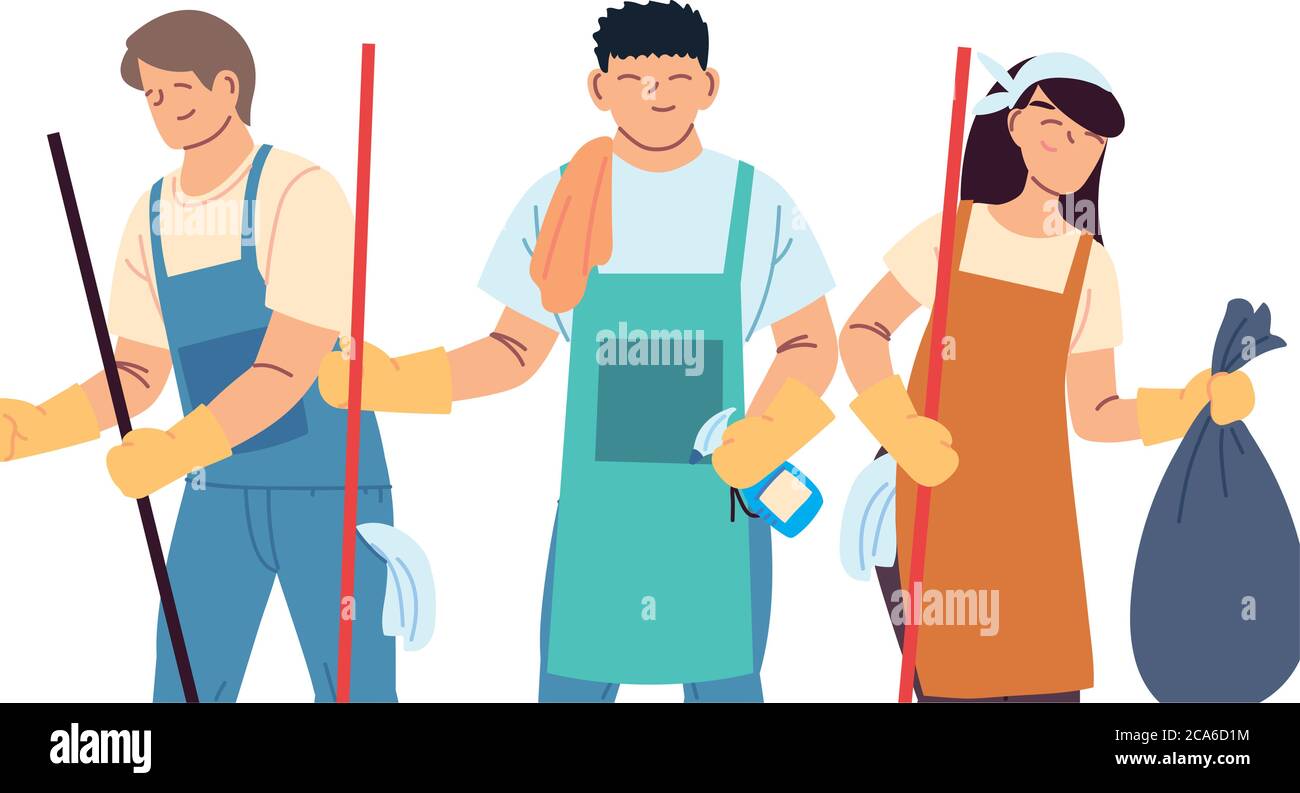 cleaning service team with gloves and cleaning utensils vector ...