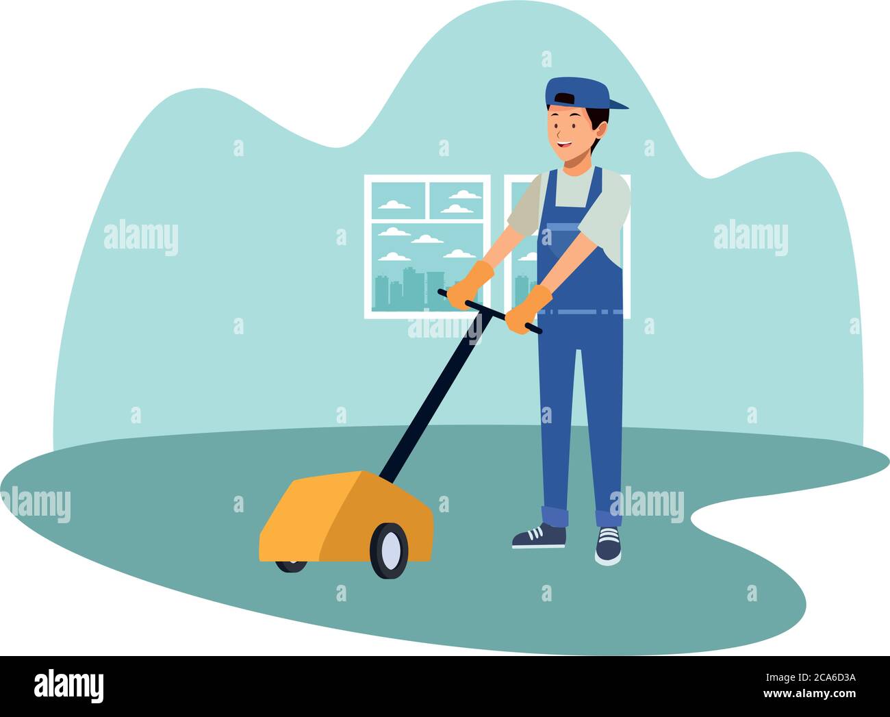 housekeeping male worker with Electric Floor Shine vector illustration ...